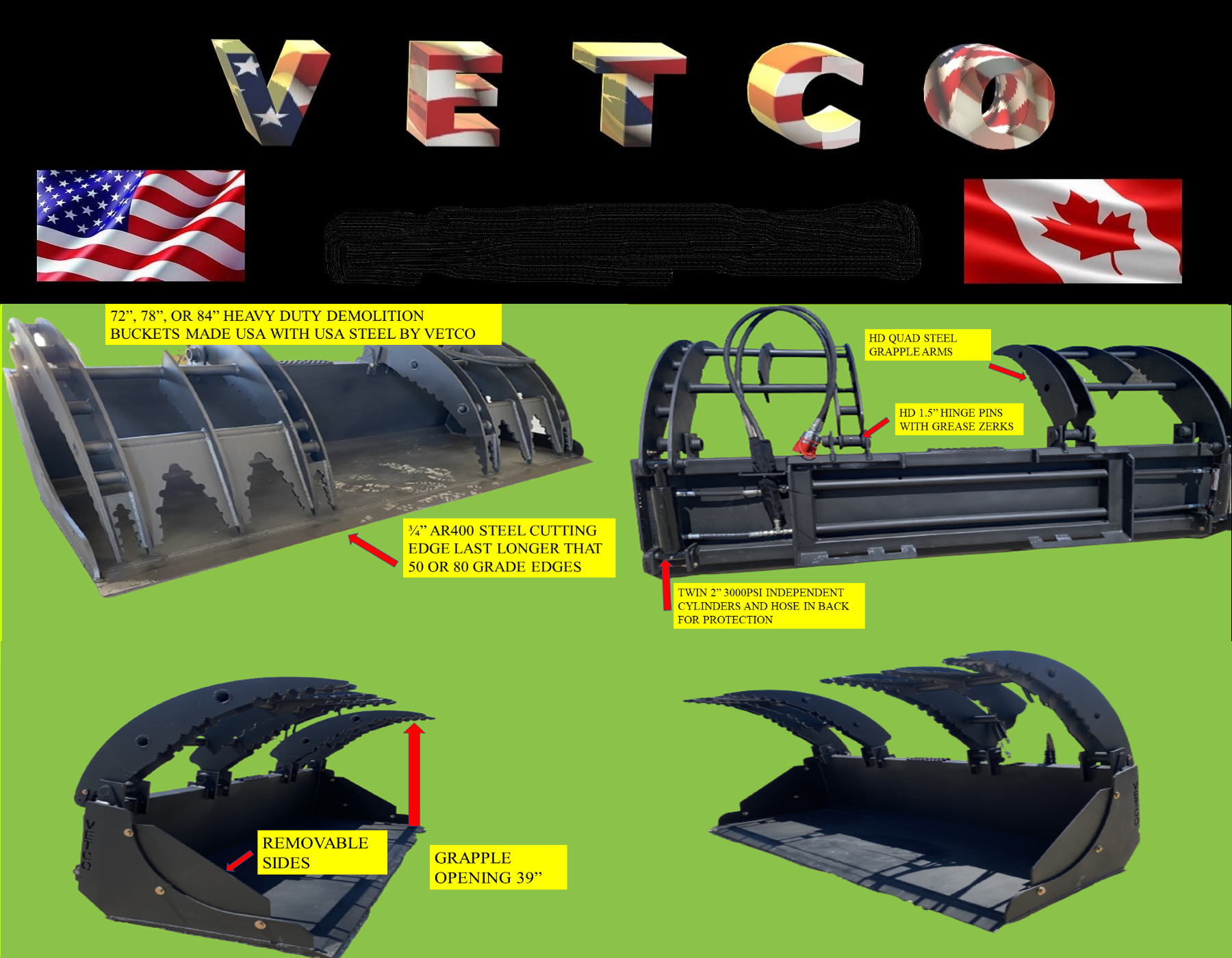 Demolition Bucket, Grapple, VETCO, Skid Steer, Tractor